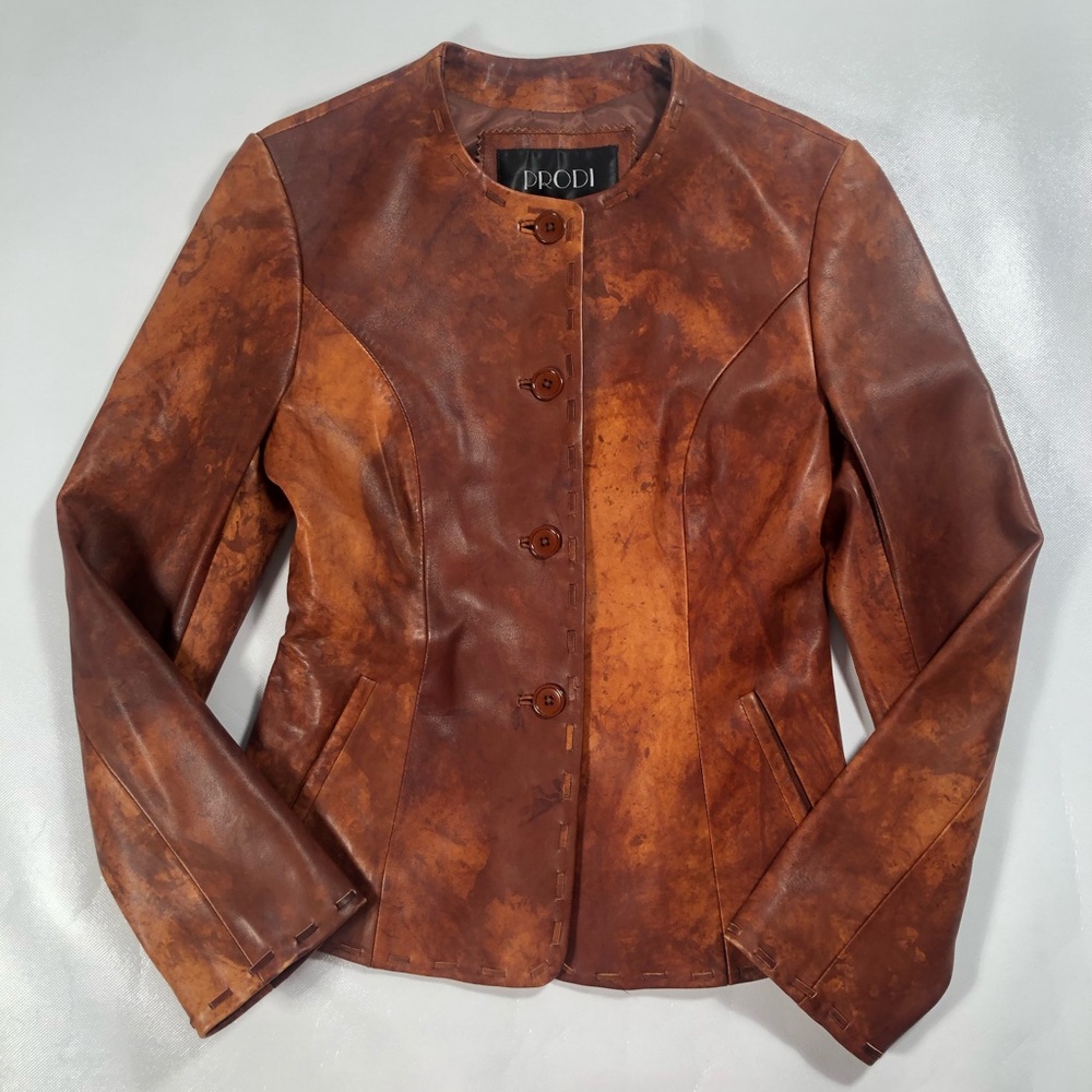 Prodi Marbled Tan Leather Button Stitch Jacket - Gem
